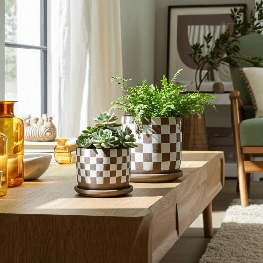 Ceramic Checkerboard Planters / Brown – Picture Perfect Kitchen Home